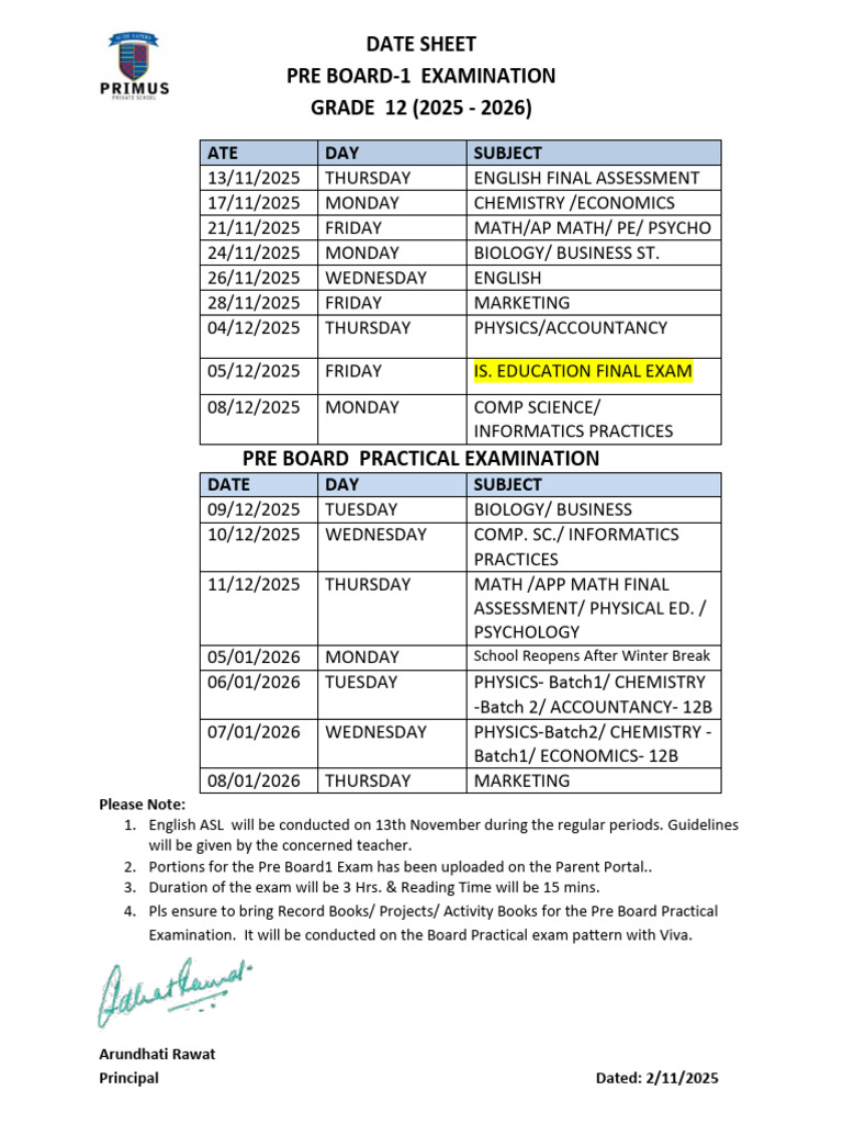 Date Sheet GR 12 Pre Board 1 Exam 2025 - 251103 - 084147 | PDF ...