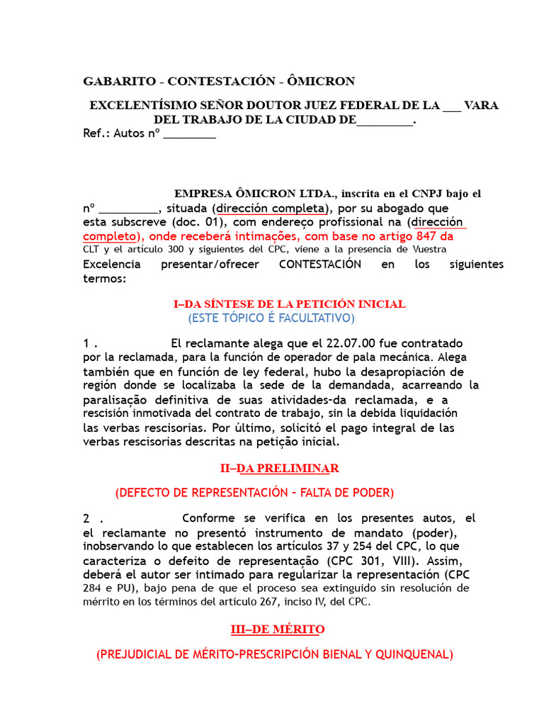 Contestación Laboral Empresa Ômicron | PDF | Estatuto de limitaciones ...