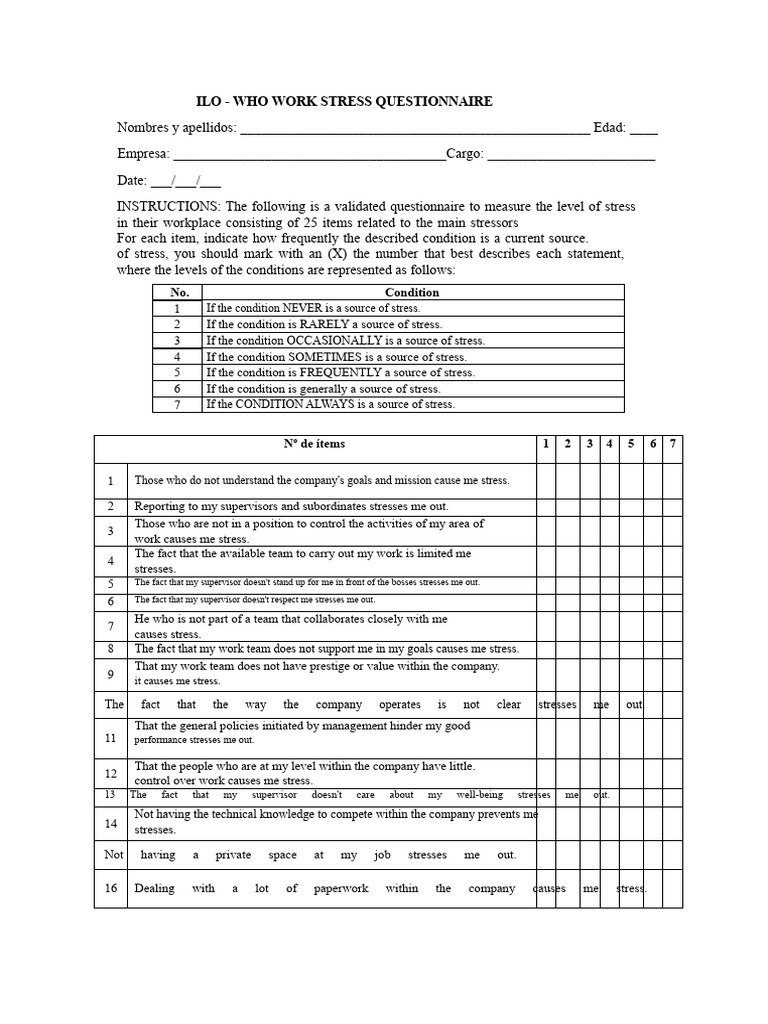 Ilo - Who Workplace Stress Questionnaire | PDF | Stress (Biology ...
