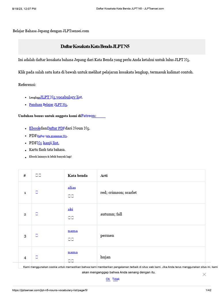 Daftar Kosakata Kata Benda JLPT N5 | PDF