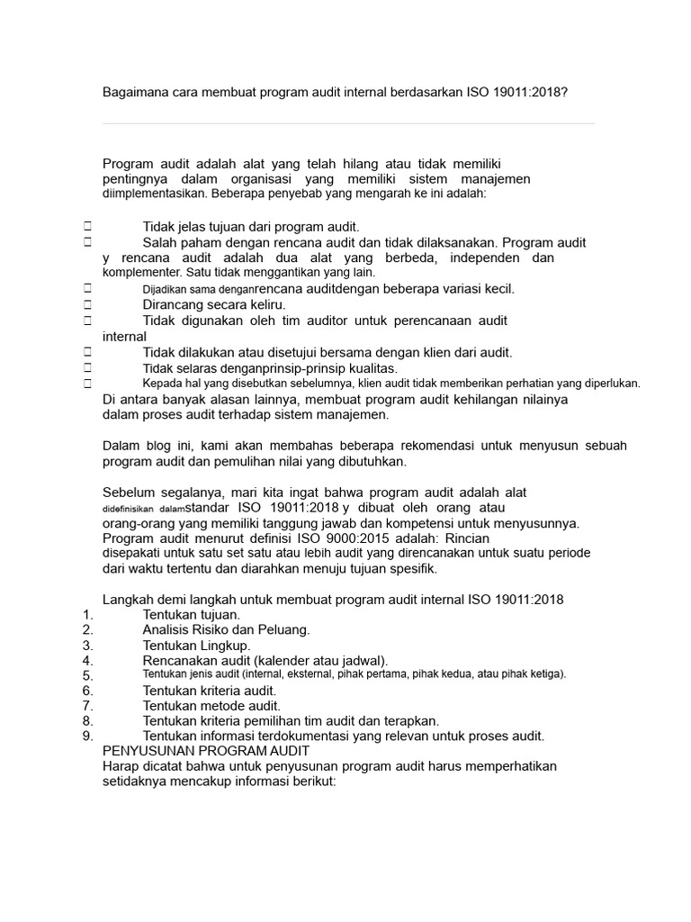Cara Membuat Program Audit Internal Berdasarkan ISO 19011 | PDF