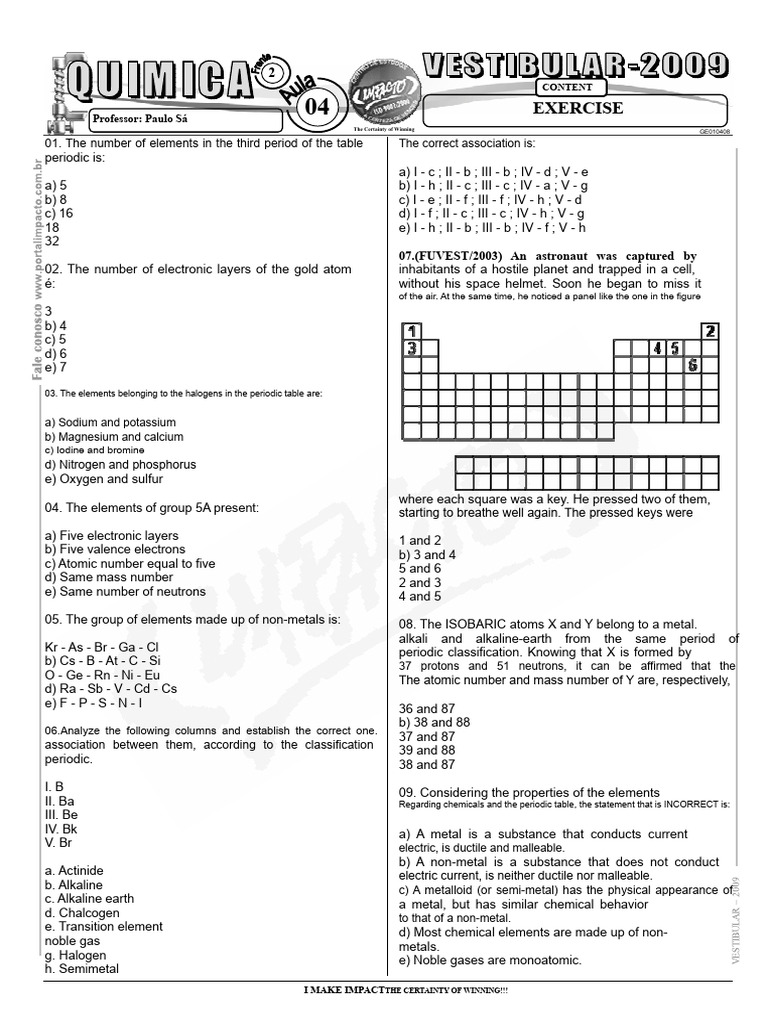 Chemistry - Pre-University Impact - Periodic Table - Exercises I | PDF ...