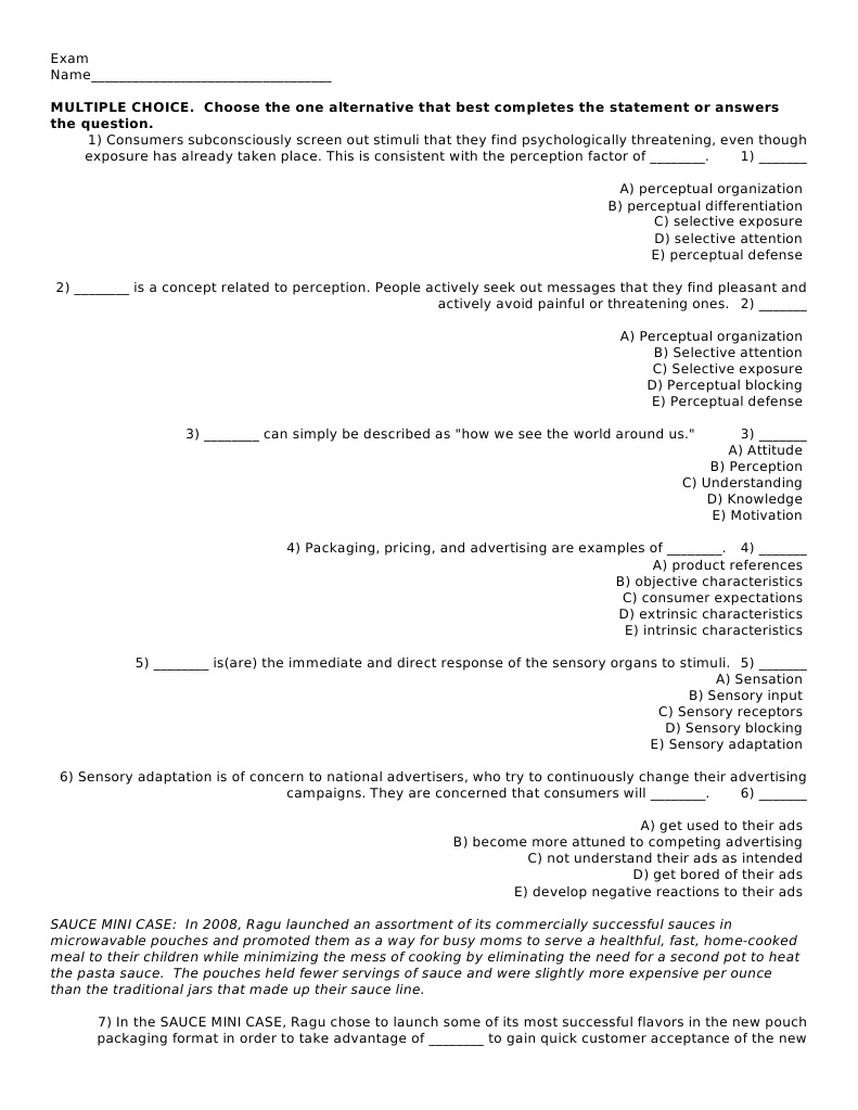 Consumer Behavior Test | PDF | Perception | Advertising
