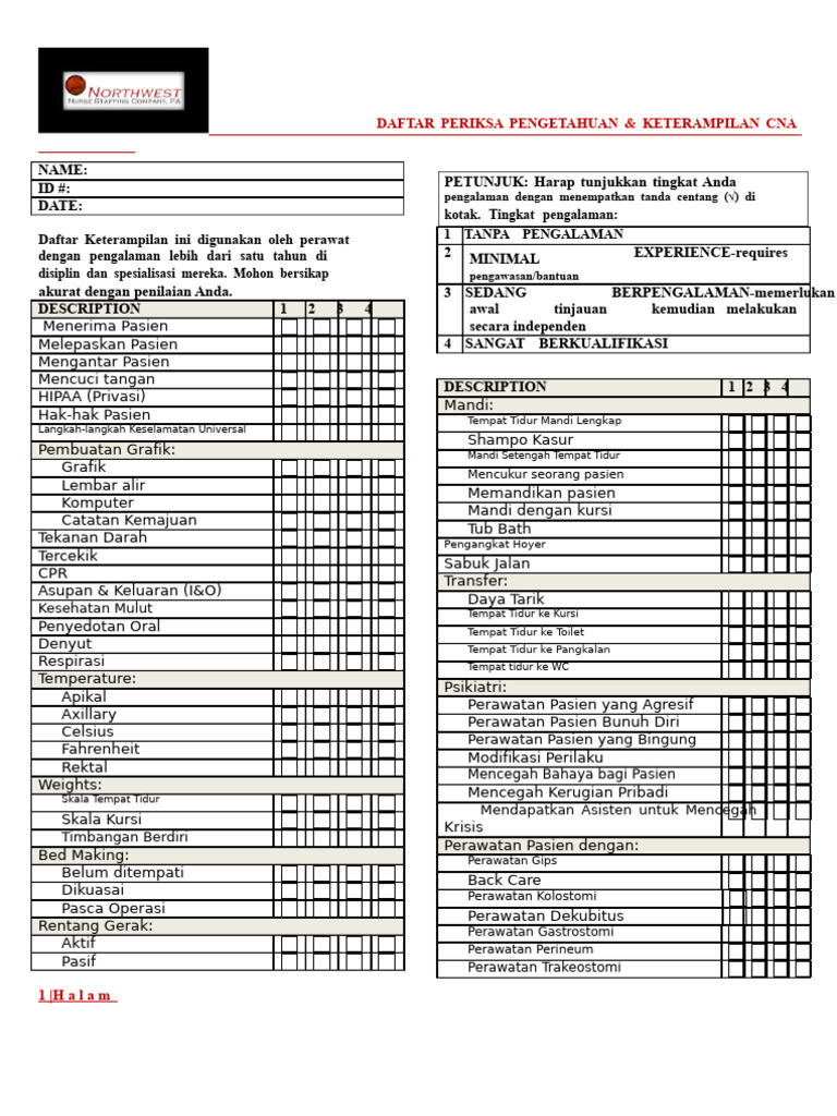 Daftar Periksa Keterampilan CNA | PDF