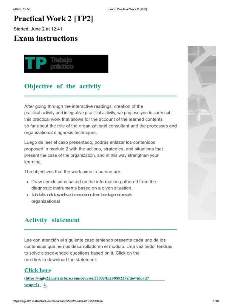 Exam Practical Work 2 (TP2) Organizational Diagnosis 95% | PDF ...