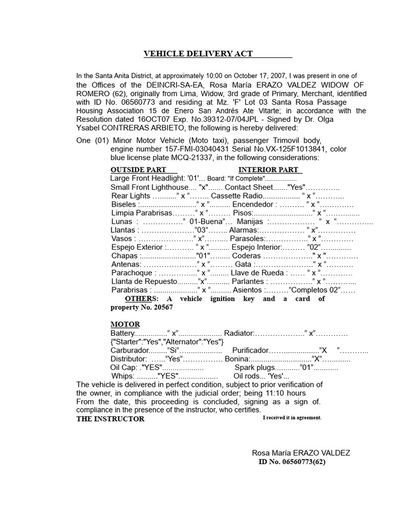 Vehicle Delivery and Receipt Records | PDF