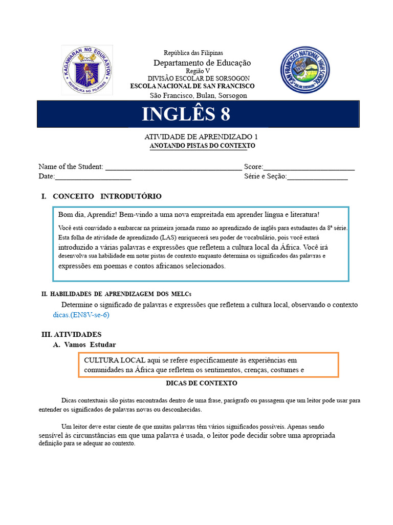 Atividade de Vocabulário em Inglês 8ª Série | PDF | Definição | Aprendizado