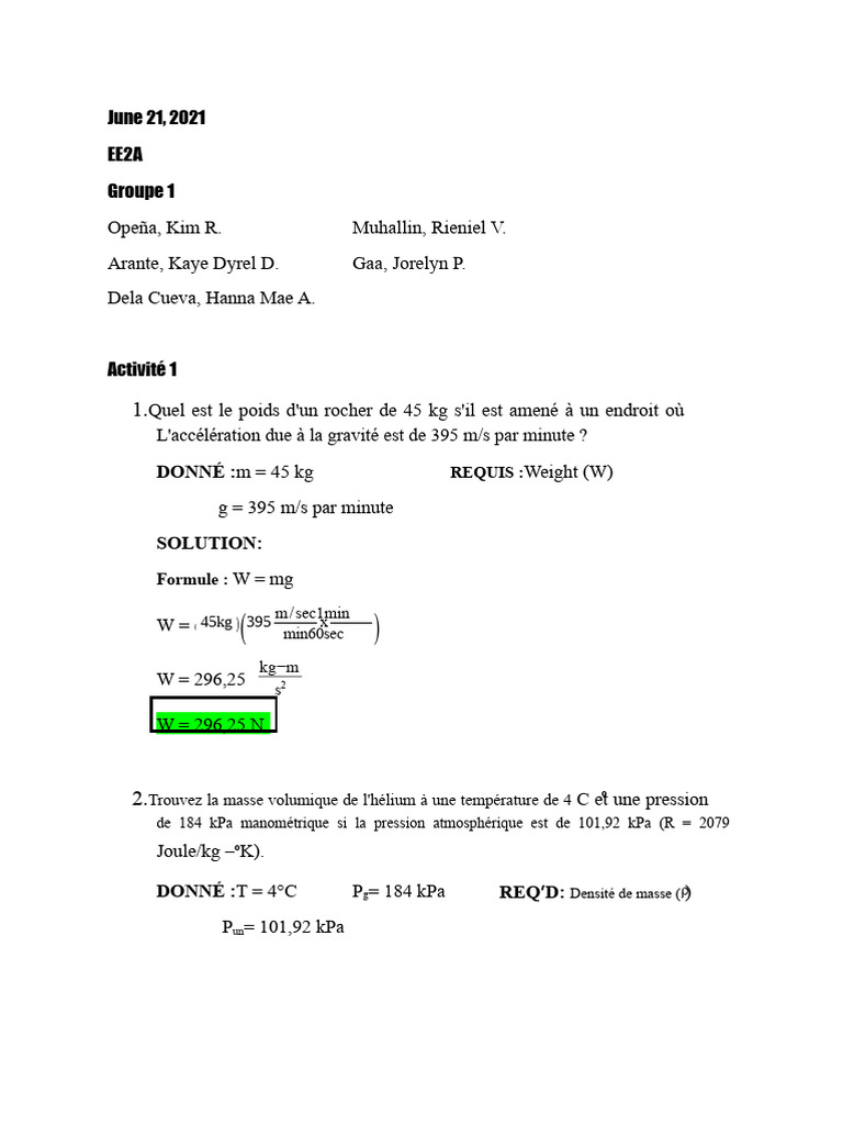 Calculs de physique : poids, densité et pression | PDF | Physique ...
