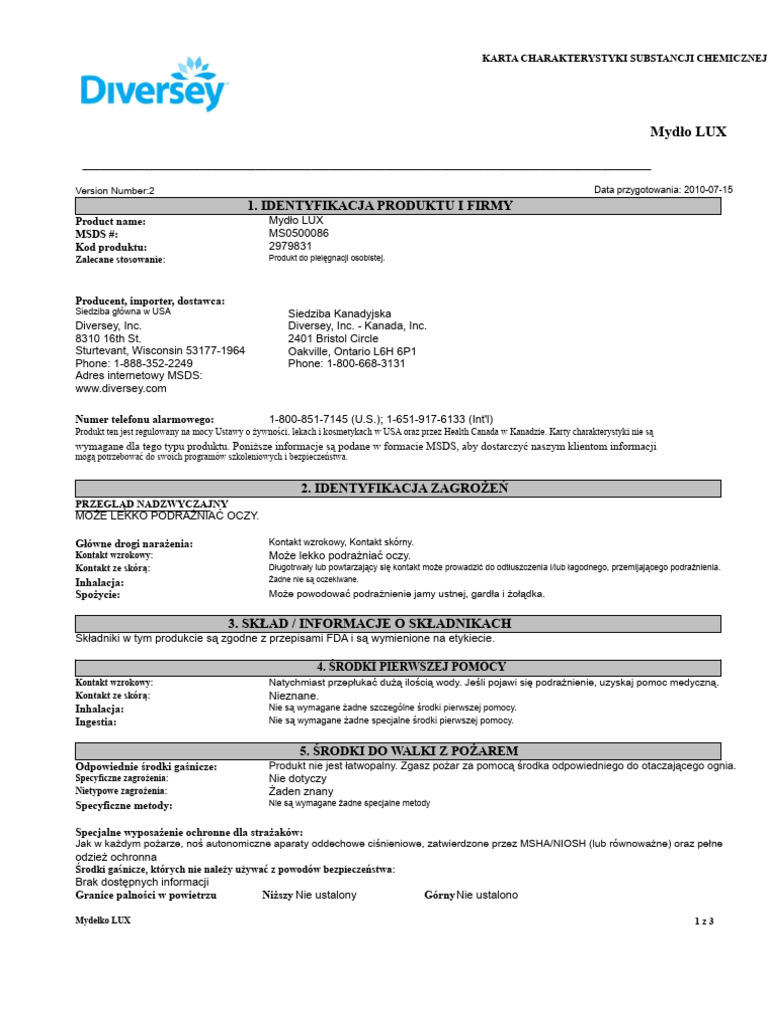 Johnson Diversey 2979831 LUX Bar Mydło w kostce MSDS | PDF