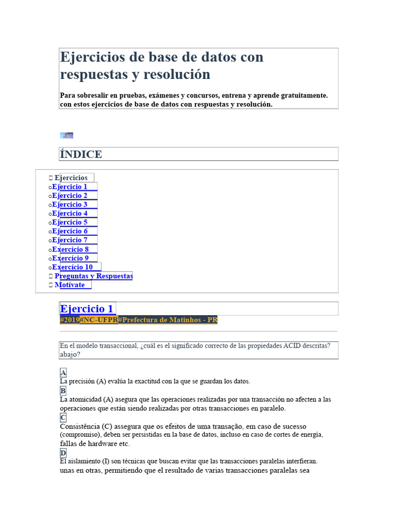Ejercicios de Bases de Datos Con Respuestas y Resolución | PDF | SQL | Bases de datos