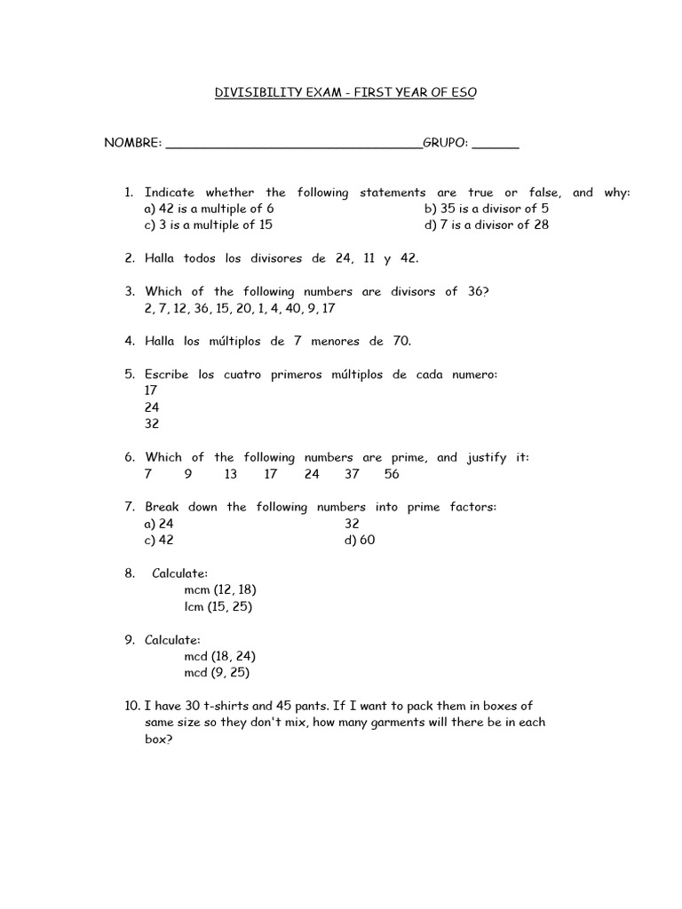 DIVISIBILITY EXAM 1st | PDF