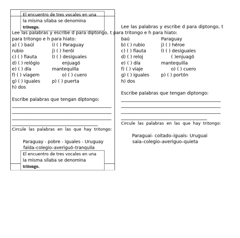 019-Español - Actividades Con Tritongos y Diptongos | PDF