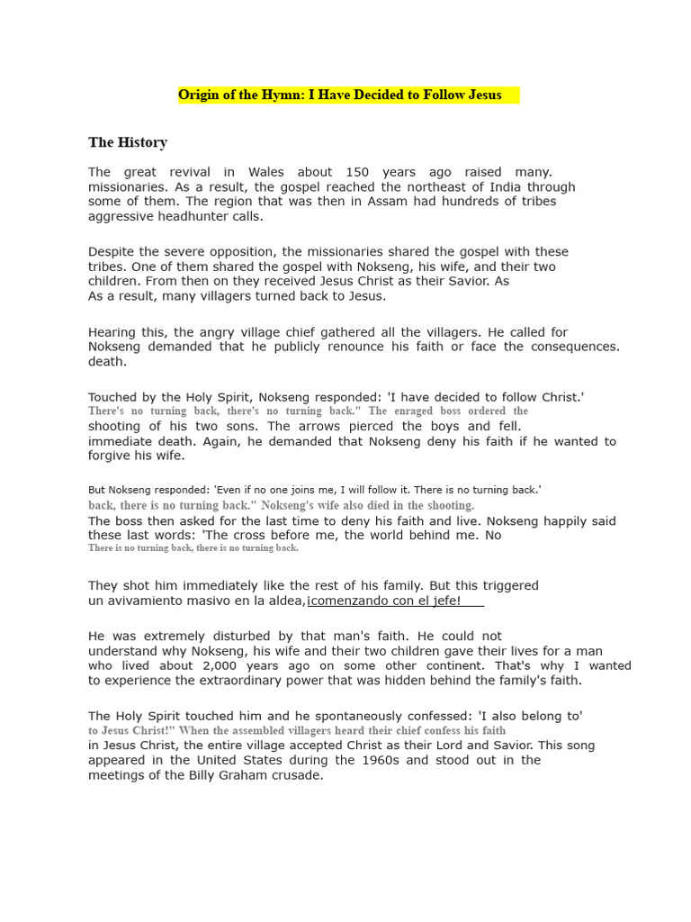 Origin of The Hymn "I Have Decided To Follow Jesus" | PDF