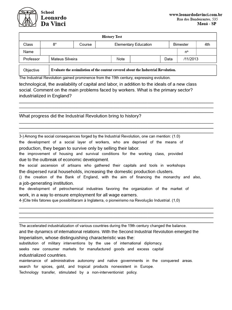Industrial Revolution Test 8th Grade | PDF | Industrial Revolution ...