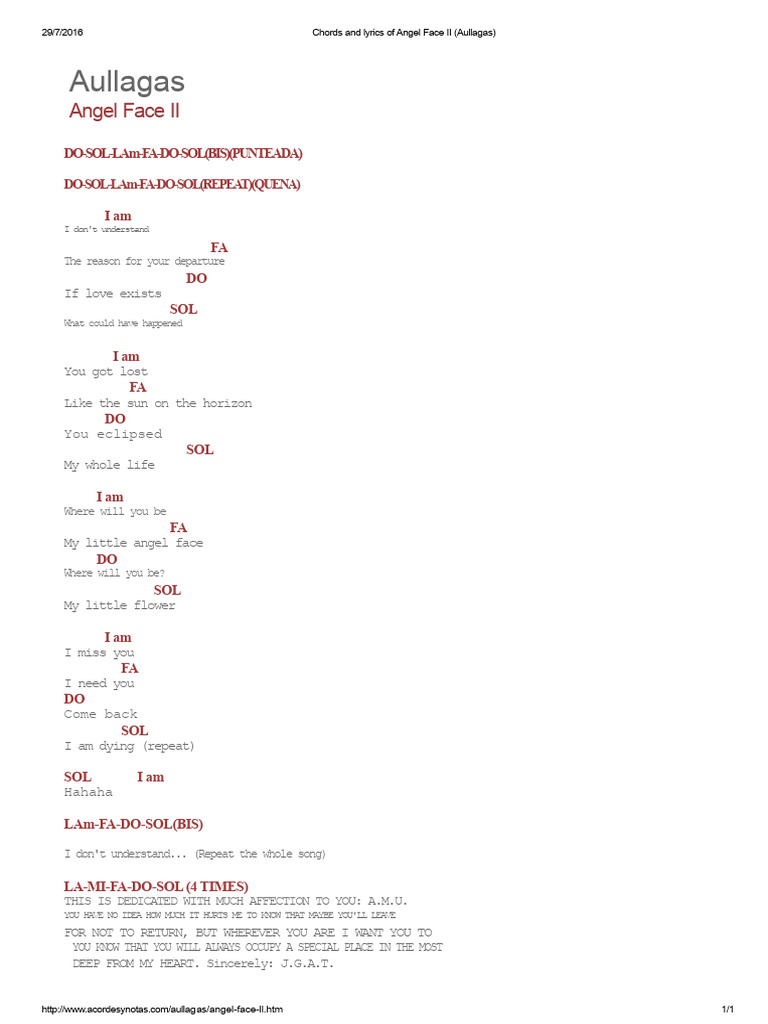 Chords and Lyrics of Carita de Ángel LL (Aullagas) PDF | PDF