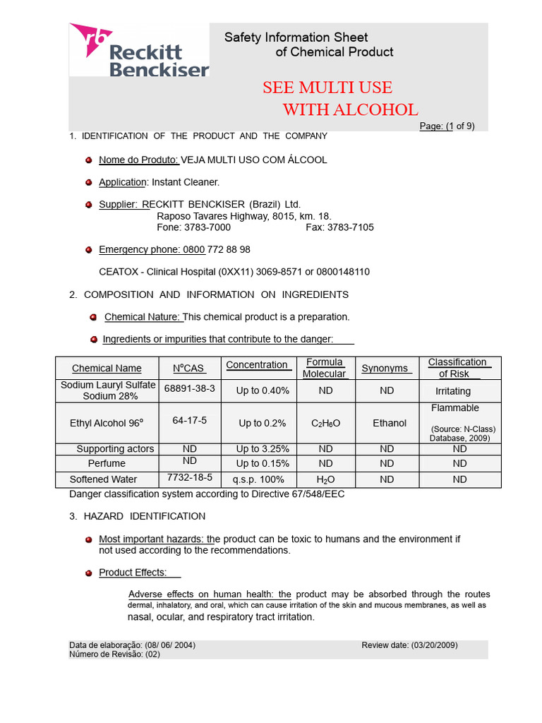 VEJA Multi Use Alcohol Safety Sheet | PDF | Toxicity | Ethanol