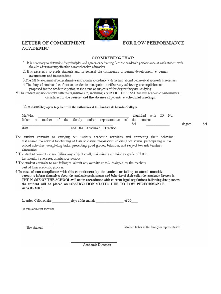 Letter of Commitment For Low Academic Performance | PDF