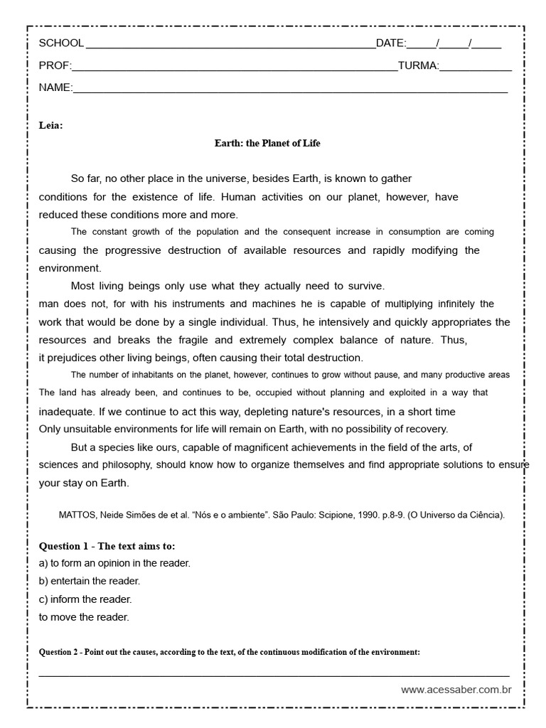 Text Interpretation - Earth - The Planet of Life - 8th Grade - Word.doc ...