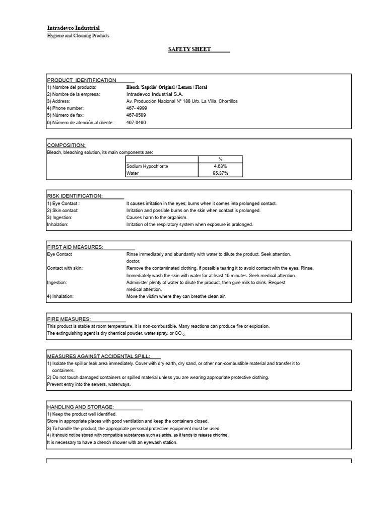 Safety Data Sheet Sapolio Bleach | PDF | Bleach | Waste