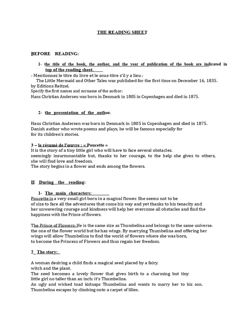 THE READING SHEET - Thumbelina | PDF | Hans Christian Andersen | Fairy ...