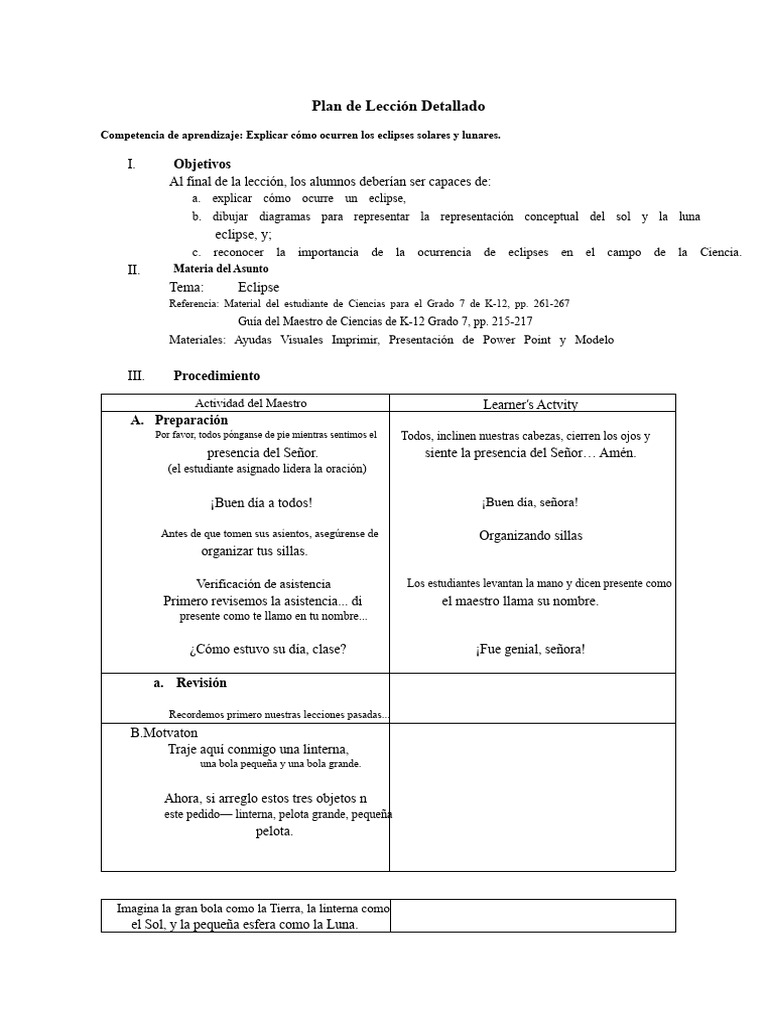 Plan de Lección Detallado. Ciencia | PDF | Eclipse | Sombra