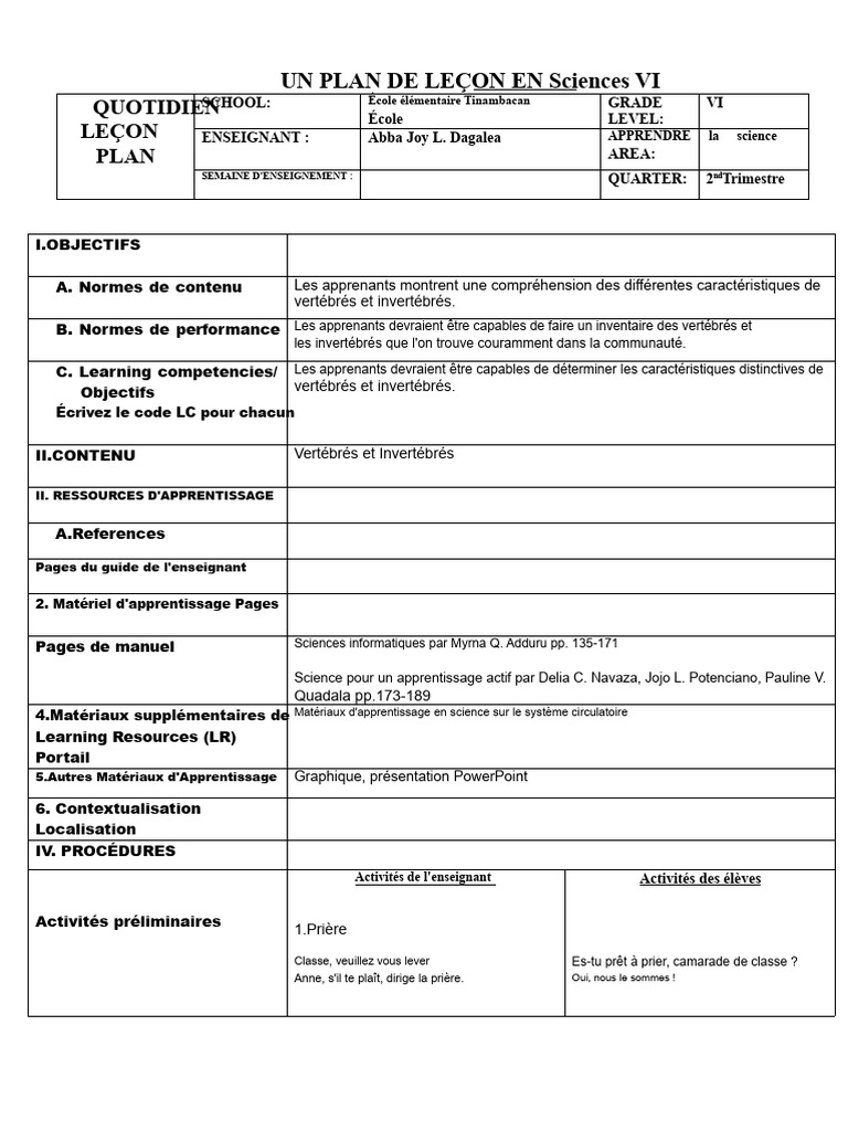 Plan de leçon : Vertébrés et Invertébrés | PDF | Invertébrés | Vertébrés