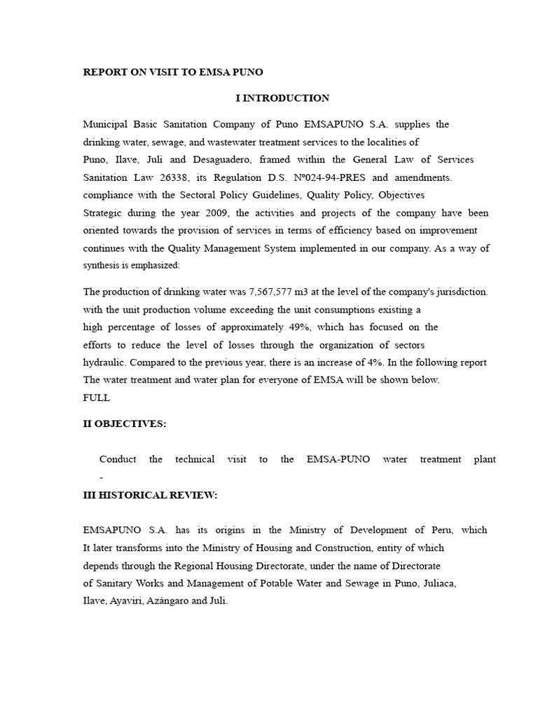 Visit Report To Emsa Puno | PDF | Drinking Water | Water