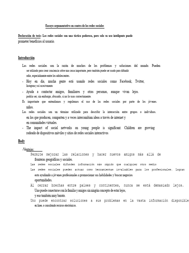 Ensayo Argumentativo Contra Las Redes Sociales | PDF | Redes sociales ...