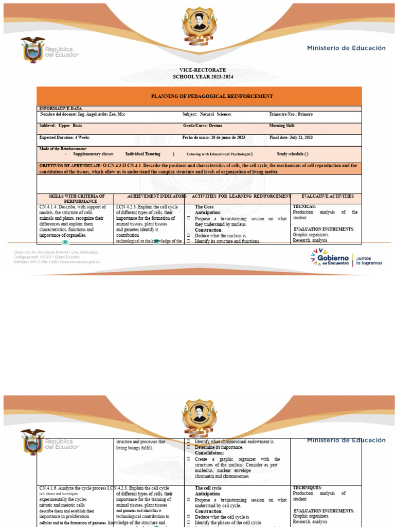 PEDAGOGICAL REINFORCEMENT PLAN CCNN 10 MO EGB 2023 2024 | PDF | Reproduction | Cell (Biology)