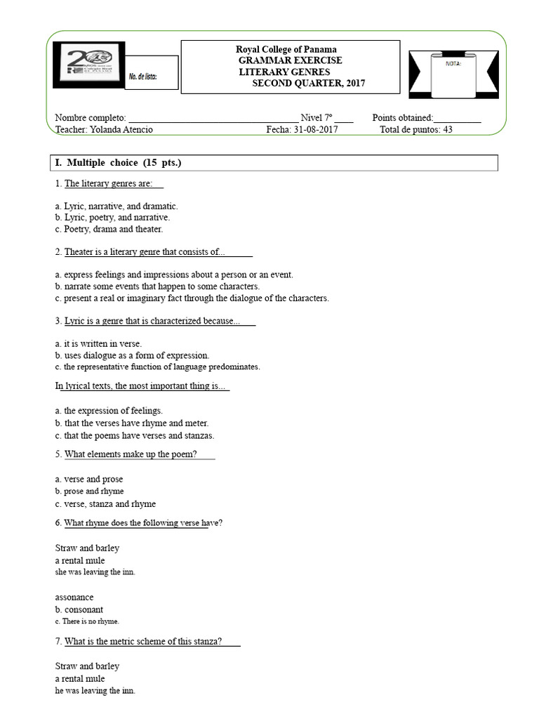 Exercise On Literary Genres | PDF | Poetry | Rhyme