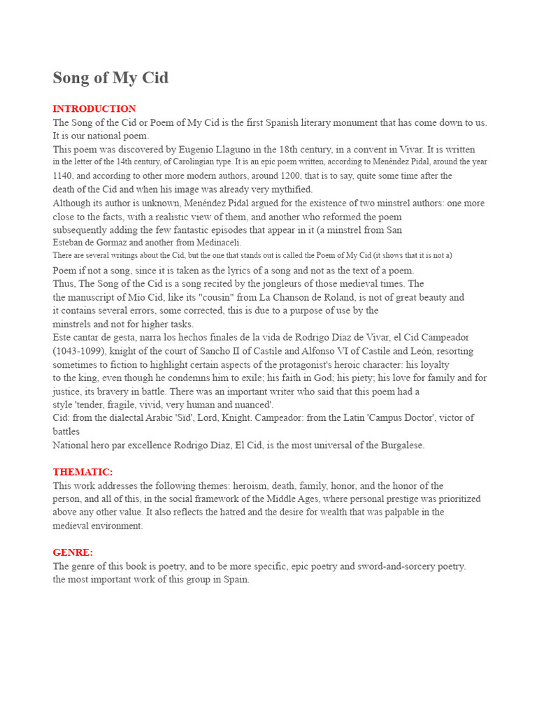 CANTAR DEL MIO CID summary.docx.pdf | PDF