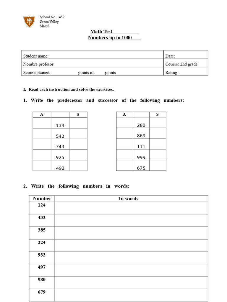 Math Test 2 - NUMBERS UP TO 1000 | PDF | Chess Theory | Chess