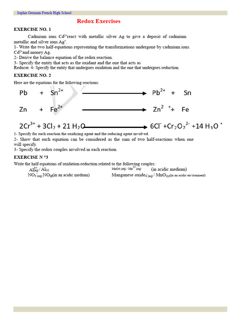 EXERCISES - Oxidation-Reduction | PDF | Redox | Chlorine