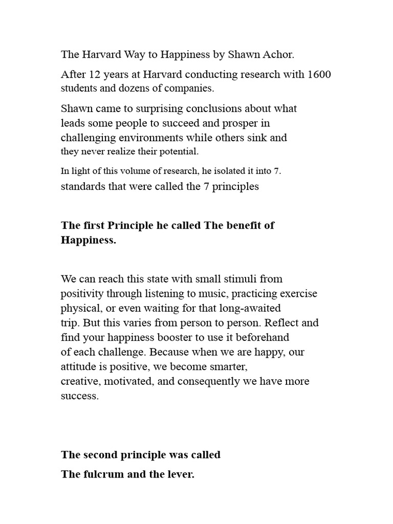 Summary - The Harvard Way of Being Happy | PDF | Happiness | Lever