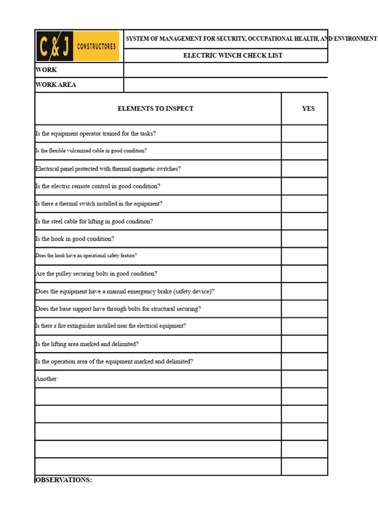 Electric Winch Safety Inspection Checklist | PDF