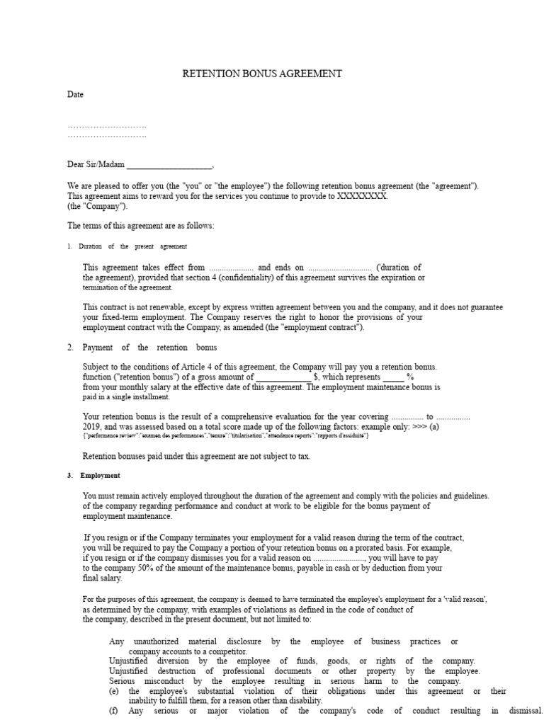 Retention Bonus Agreement Template | PDF | Employment | Business Law