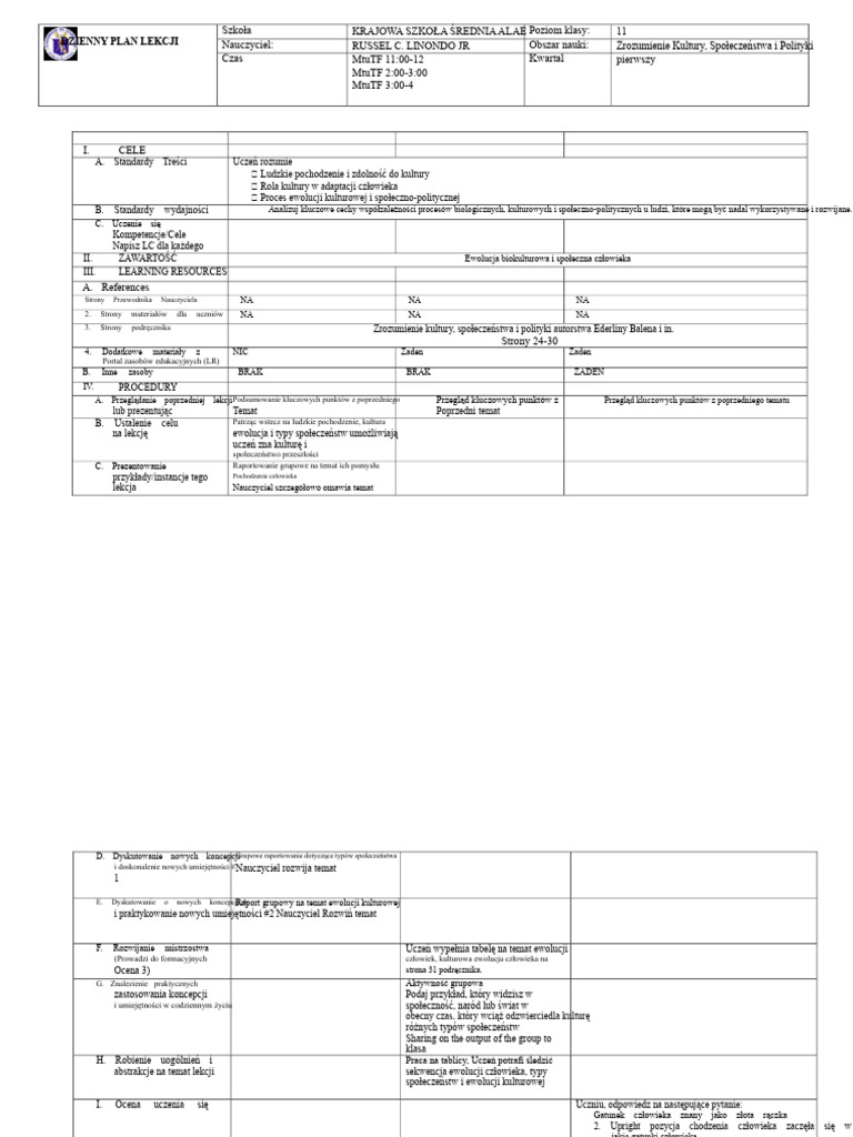 Codzienny dziennik lekcji - Ucsp | PDF