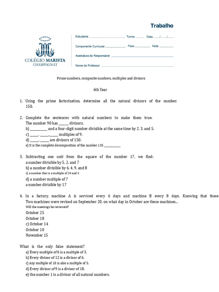 6th Grade - List 2 - Prime numbers, composite numbers, multiples, and divisors (1) | PDF ...