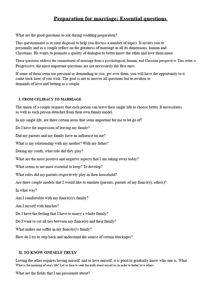 Preparation For Marriage - Essential Questions | PDF | Marriage | Love