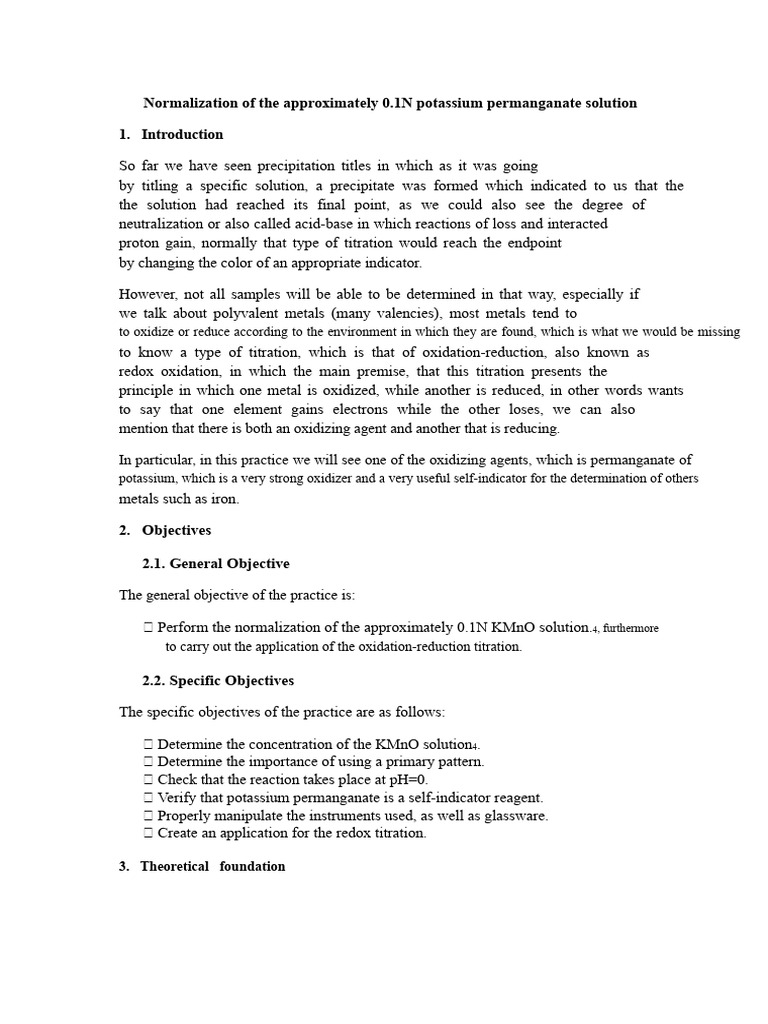 Practice 9 Normalization KMnO4 | PDF | Redox | Chemistry