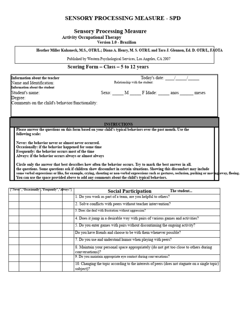 Sensory Processing Measure for Ages 5-12 | PDF | Odor | Chair