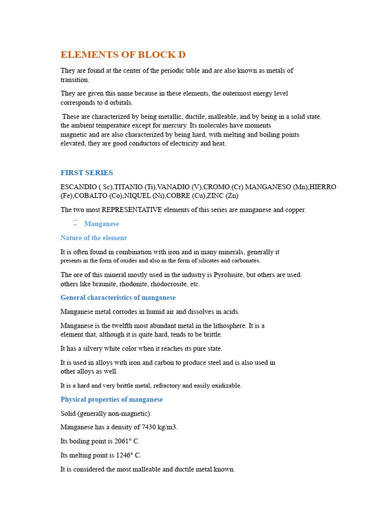ELEMENTS OF BLOCK D - For Study | PDF | Metals | Manganese