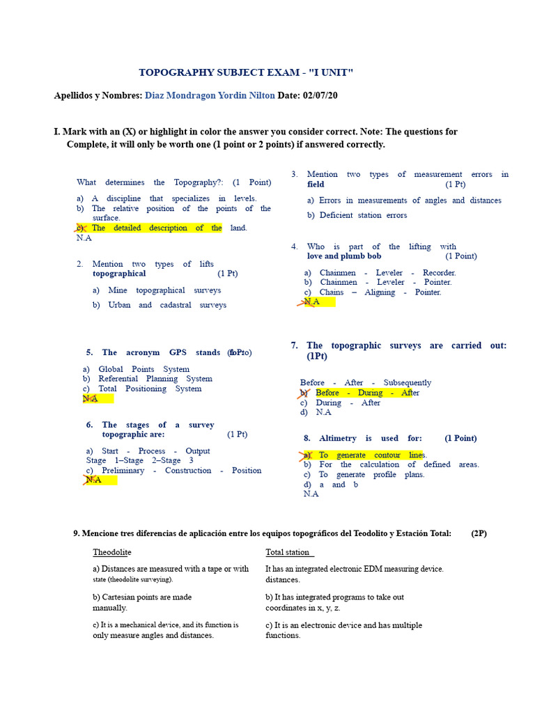 Topography Exam Questions and Solutions | PDF | Surveying | Topography