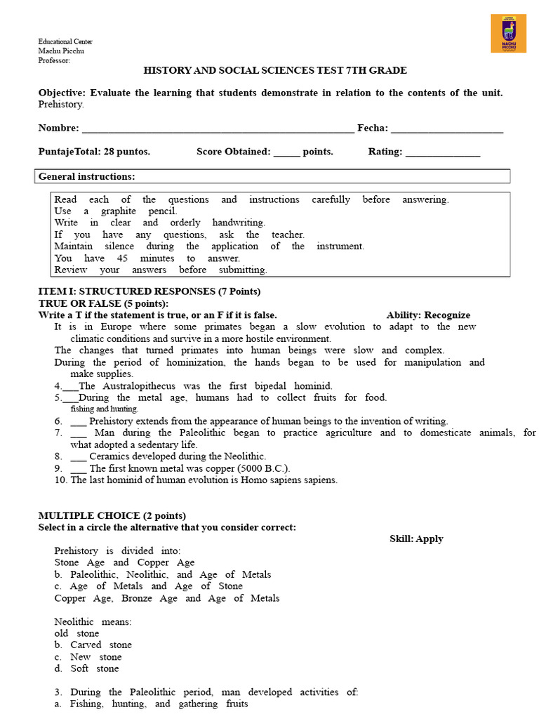 7th Grade Prehistory Test Document | PDF | Homo | Paleolithic