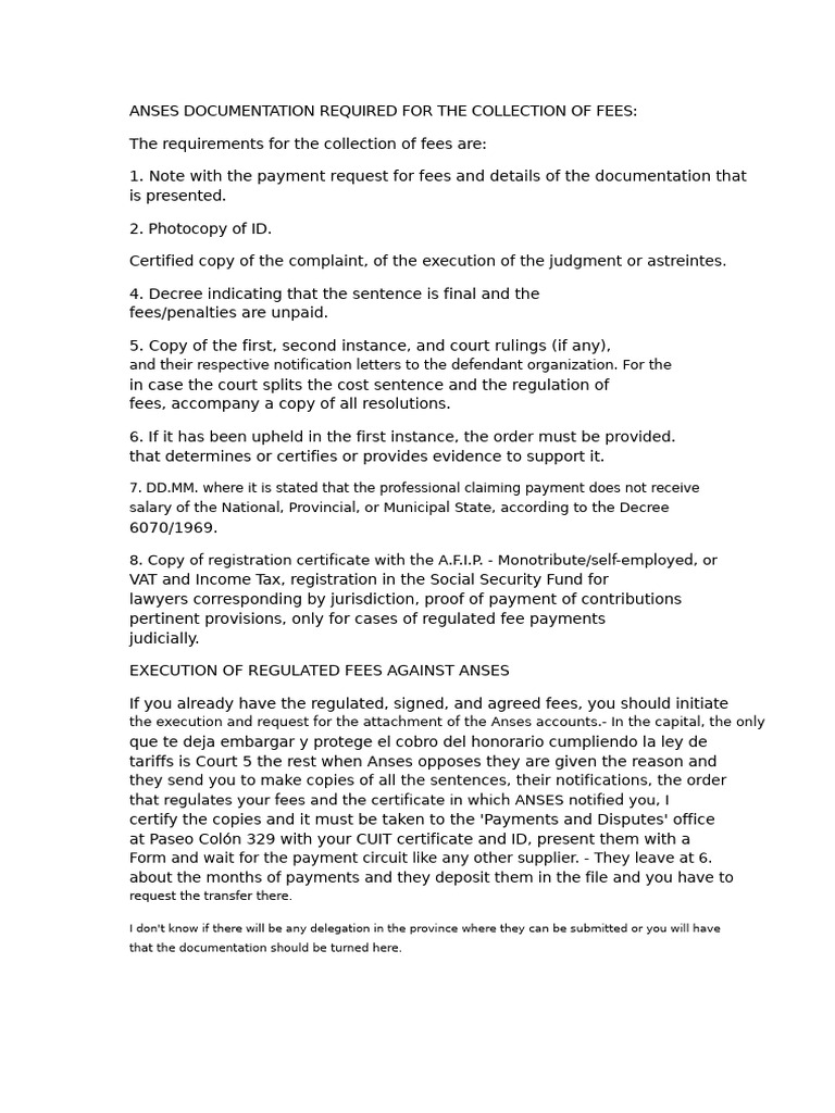 Anses Necessary Documentation For The Collection of Fees | PDF ...