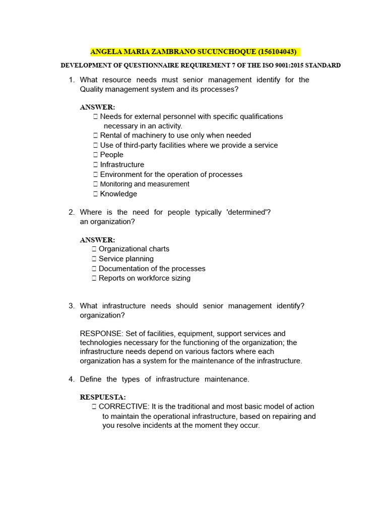 Questionnaire Requirement 7 of The Iso 9001 Standard | PDF