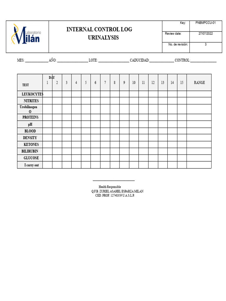 Urinalysis Internal Control Log | PDF