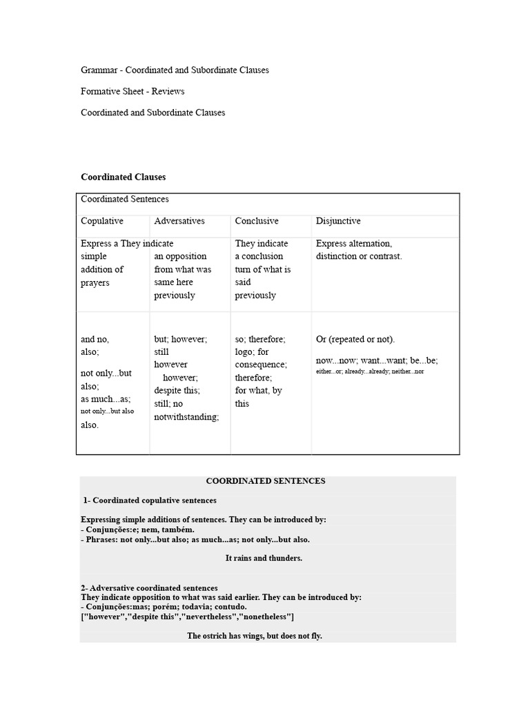 Grammar 8th Grade - Subordinate and Coordinate Clauses | PDF | Syntax ...