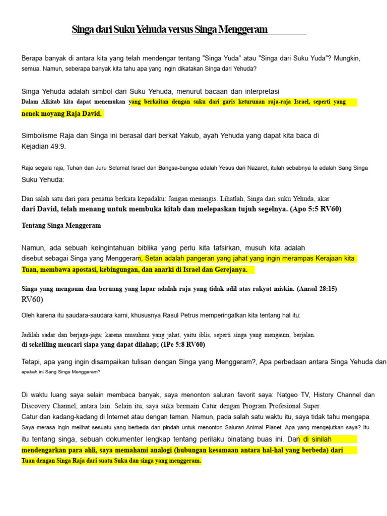 Singa Dari Suku Yehuda Versus Singa Yang Mengaum | PDF