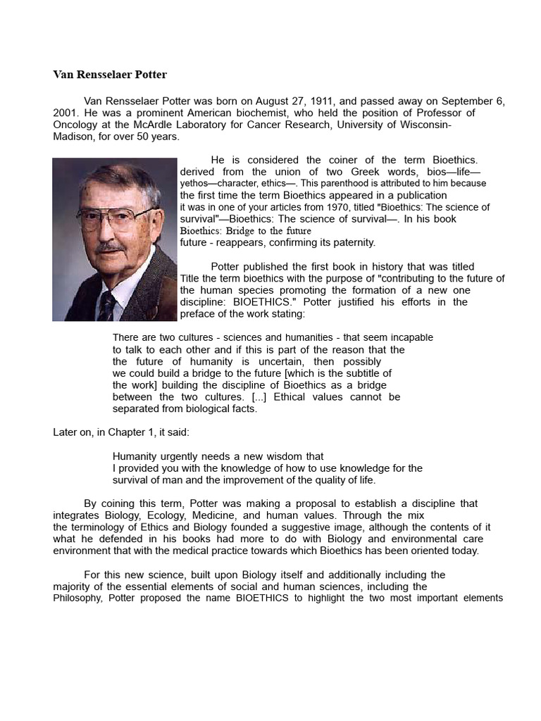 Biography of Van Rensselaer Potter | PDF | Bioethics | Science